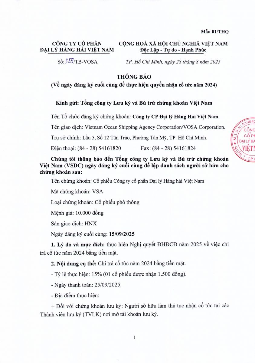 CHỐT DANH SÁCH CỔ ĐÔNG ĐỂ CHI TRẢ CỔ TỨC NĂM 2024